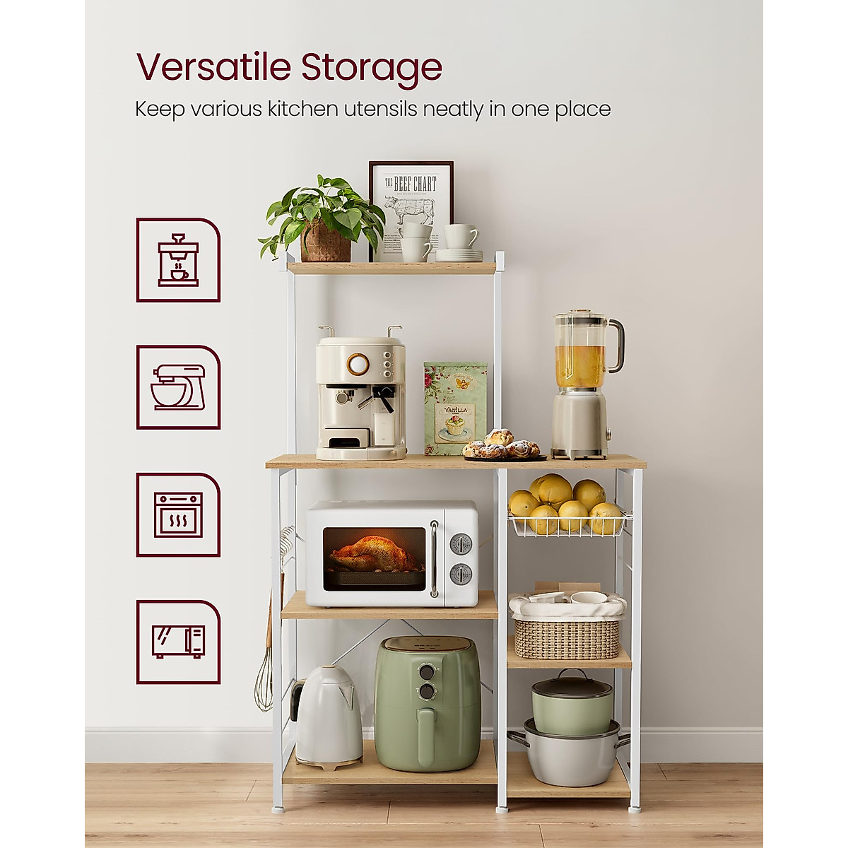 VASAGLE Baker's Rack, Microwave Stand, Kitchen Storage Rack with Wire Basket, 6 Hooks, and Shelves, for Spices, Pots, and Pans, Golden Oak and Cloud White UKKS035W09