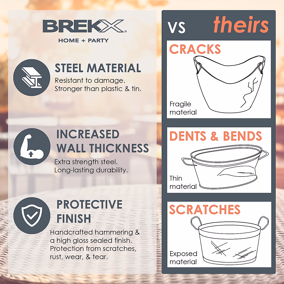 BREKX Copper Finish Drink Tubs + Insulated Party Mats for Parties, Oval Ice Buckets for Parties (Set of 2 tubs + 2 Bar Mats), Drink Buckets for Parties with Drip Mat for Cocktail Bar