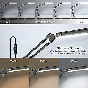 LED Desk Lamp,Adjustable Swing Arm Desk Lamp with Clamp,Dimmable Desk Light Eye-Care Table Light, Memory Function, 3 Color Modes, 10-Level Brightness Table Lamp for Home, Office, Study, Reading