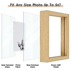 MUYE 5x7 Floating Frame Set of 2,Double Glass Rustic Photo Frame for Wall Hanging or Tabletop Standing,Also Display 4x6 or 3x5 Photo for Floating Effect,Natural