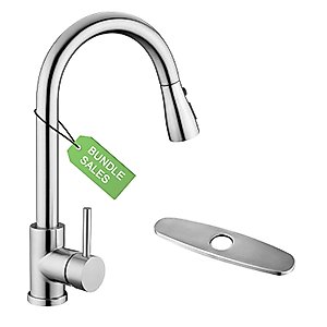 Kitchen Sink Faucet, Kitchen Faucet Stainless Steel with Pull Down Sprayer Brushed Nickel Single Handle Single Hole Pull Out Kitchen Faucets for Bar Laundry rv Utility Sink with Deck Plate