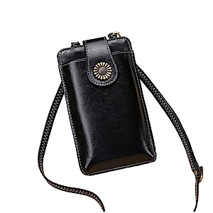 Small Crossbody Leather Cellphone Purses for Women Cowhide wallet shoulder tote with card holder and cash organizer Fashion Travel Designer handbags, phone bag, sunflower deco magnetic buckle - BLACK