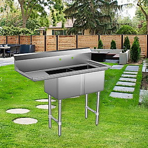 HARDURA Stainless Steel 2 Compartment Sink Left Drainboard & Freestanding NSF Certified Commercial Utility Basin With Two 15" L X 15" W X 12" D Bowl For Kitchen & Restaurant Laundry Room, Garage