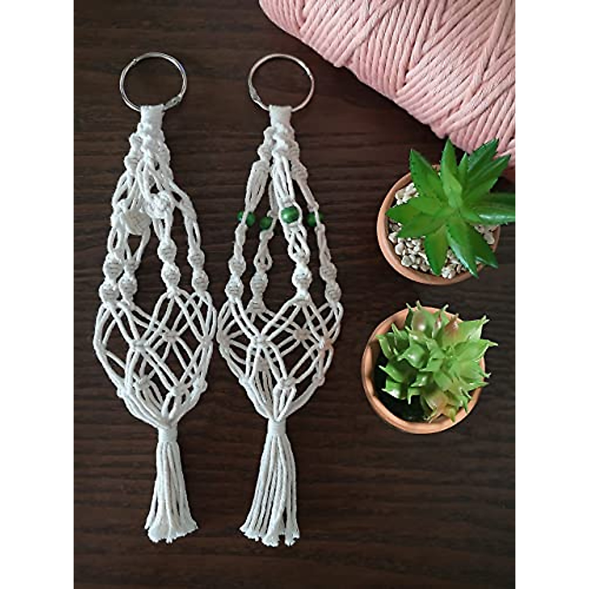TIMECOSY Mini Macrame Plant Hanger Rear View Mirror Car Cactus Charm Decorations Boho Hanging Plant Holder, Tiny Car Succulent Gifts for Plant Lover, 10.5-Inch