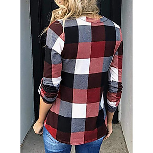 Dokotoo Women's Spring Summer Fall Fashion Casual Ladies Basic Cotton Cuffed 3/4 Long Sleeve Plaid Print V Neck Work Tops Tunic Shirts and Blouses for Women 2024 Red