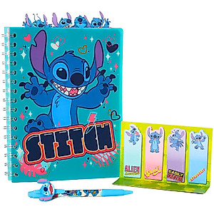 Innovative Designs Disney Stitch Tab Journal Spiral Notebook, Ballpoint Pen, Sticky Tabs, 96 Lined Pages, Blue