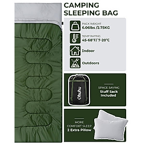 Ohuhu Double Sleeping Bag with 2 Pillows, Waterproof Lightweight 2 Person Adults Sleeping Bag for Camping, Backpacking, Hiking, with Carrying Bag (Green)