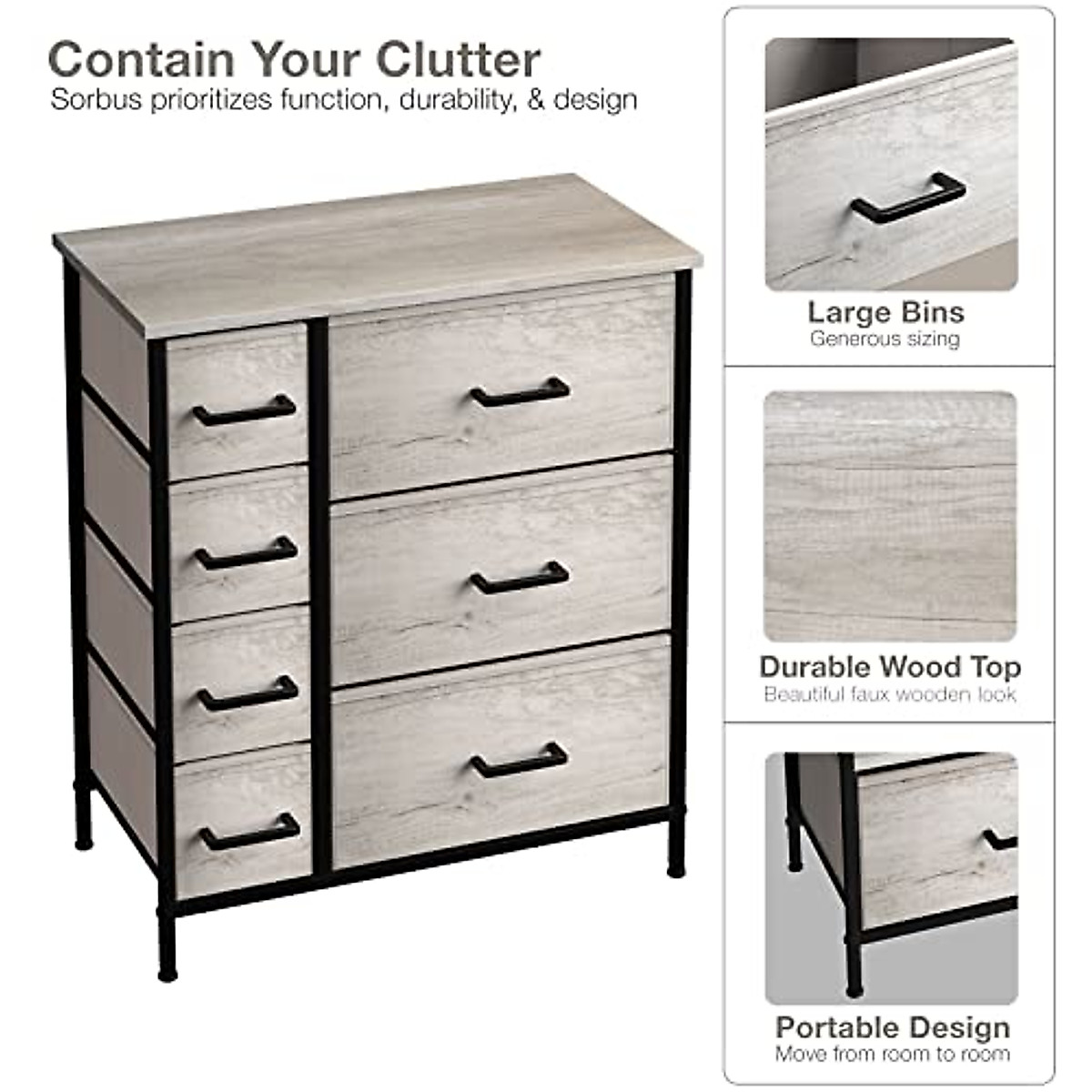 Sorbus Dresser with 7 Faux Wood Drawers - Storage Unit Organizer Chest for Clothes - Bedroom, Hallway, Living Room, Closet, & Dorm Furniture - Steel Frame, Wood Top, & Easy Pull Fabric Bins