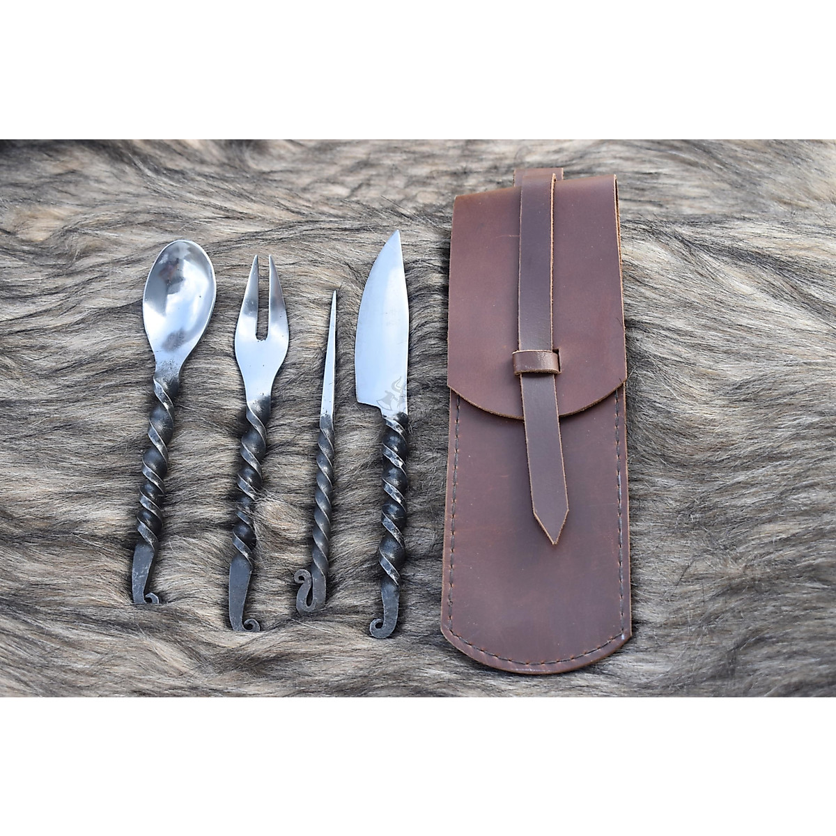 Viking Traders Hand Forged Twisted Medieval Eating Utensil Set | Functional Fork Knife Spoon And Food Stick | Medieval Eating Set, With Genuine Leather Carrying Pouch - Set 4