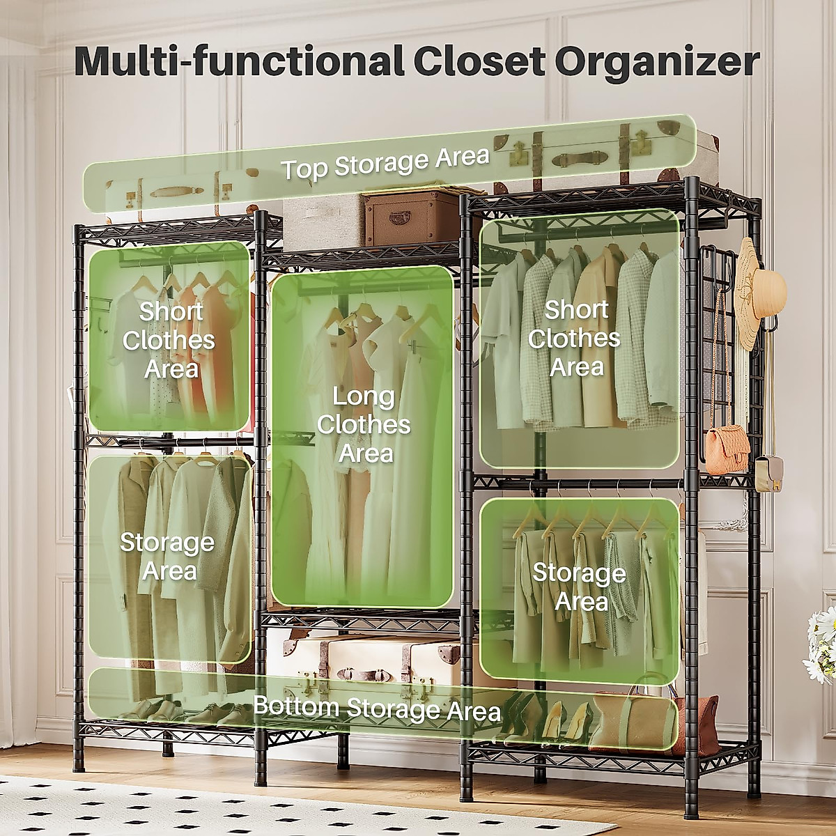 HOKEEPER Clothes Rack Heavy Duty Clothing Rack for Hanging Clothes 1600LBS Freestanding Garment Rack with 5 Hang Rods, Side Mesh Board & Hooks, Portable Wardrobe Closet 70" W X 17" D X 76" H, Black