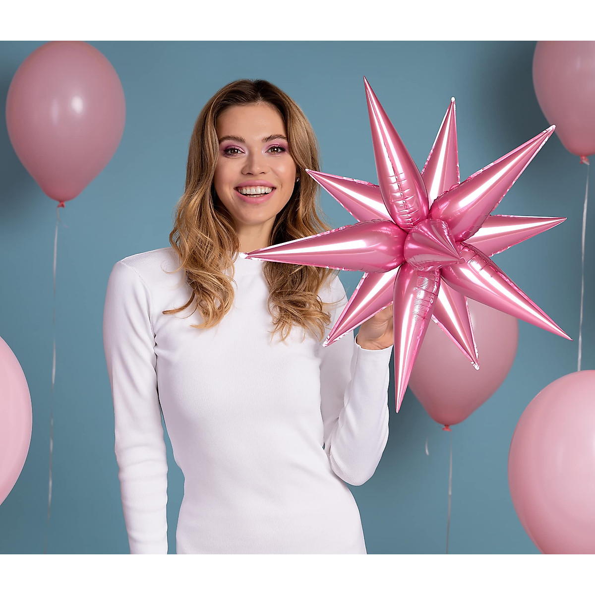 50pcs Pink Star Balloons Mylar, Pink Spike Explosion Star Foil Balloons Metallic, Pink Starburst Cone Point Star Balloons for Bachelorette, Baby Shower, Valentines Day, Birthaday, Wedding Decorations