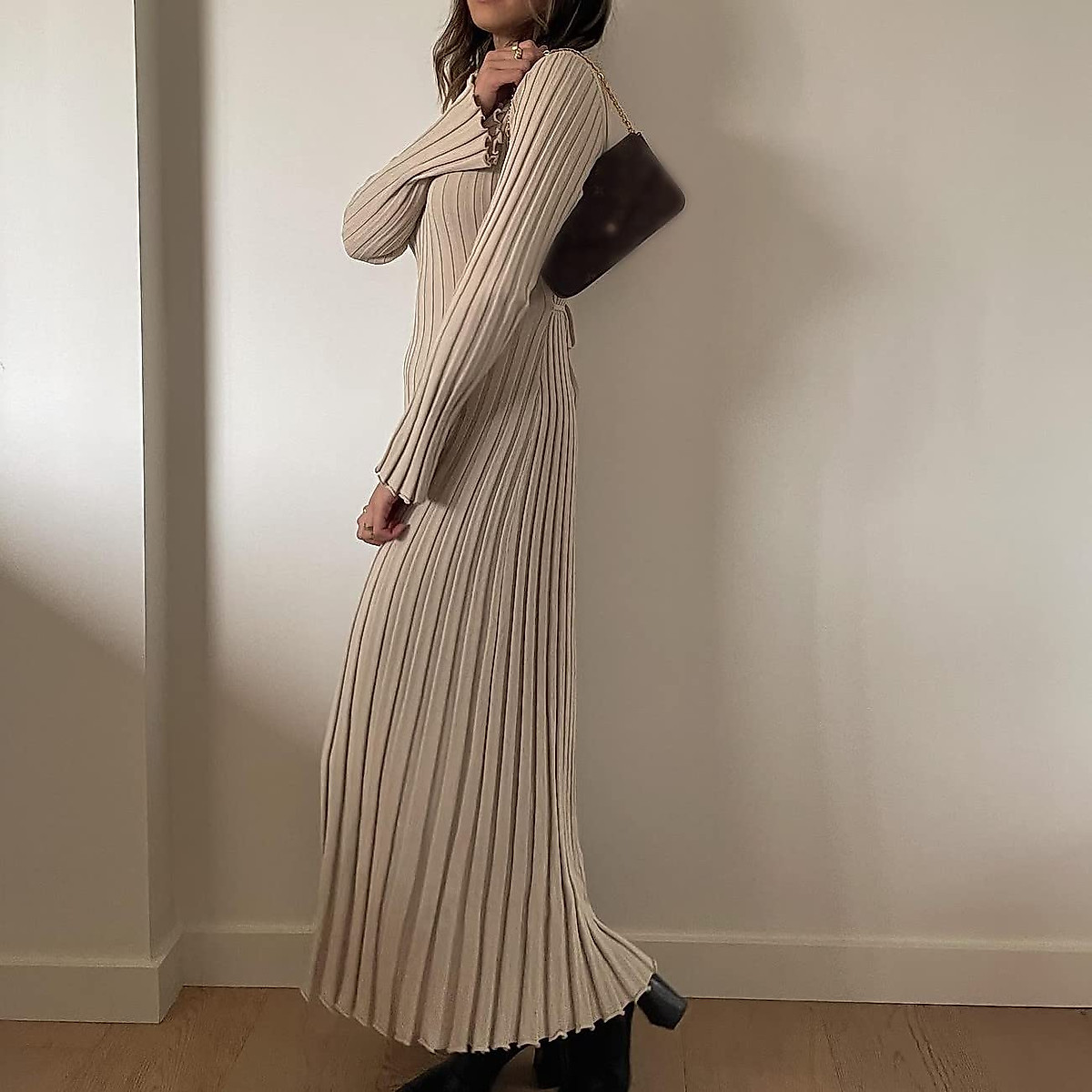 SOOKABEILA Women's Sexy Long Maxi Dress V Neck Backless Slim Fit Pencil Long Dress Bodycon Party Clubwear Dresses (G-Beige V Neck Knit,M)