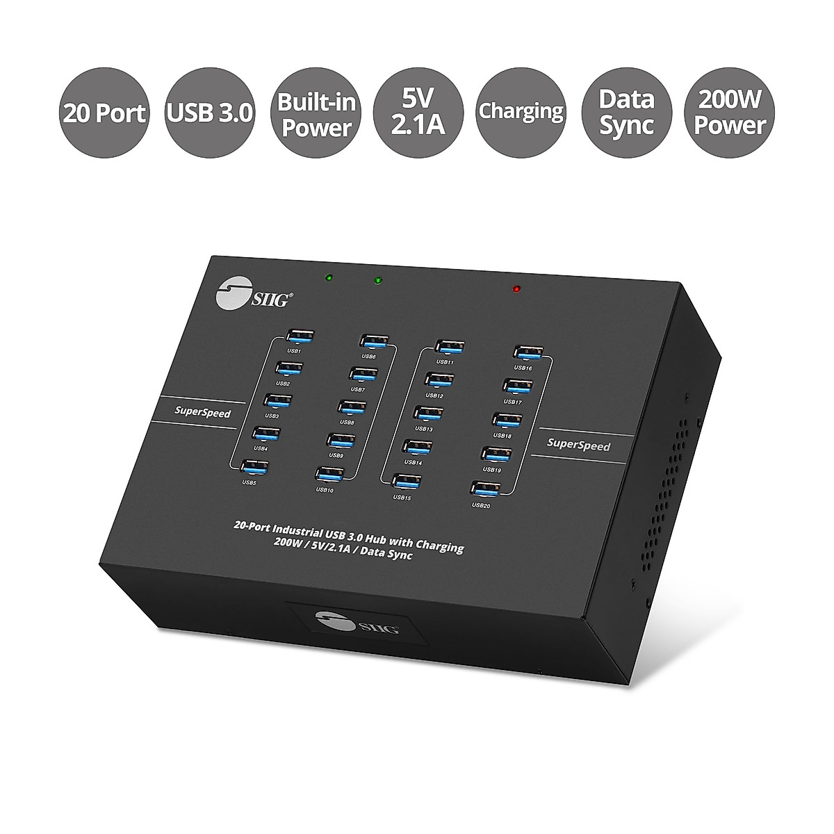 SIIG 20-Port Industrial USB 3.0 Hub with Charging - 200W, 5Gbps with 5V/2.1A per Port, Powered Multiport Hub Expander for Laptop, Tablets, Cellphone, External HDD, Keyboard and Mouse (ID-US0611-S1)