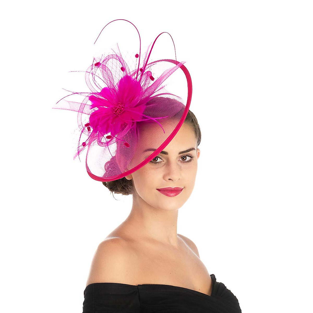 Lucky Leaf Women Girl Fascinators with Hair Clip Hairpin Hat Bowknot Feather Flower Veil Cocktail Wedding Tea Party Hat (8-Fuschia)