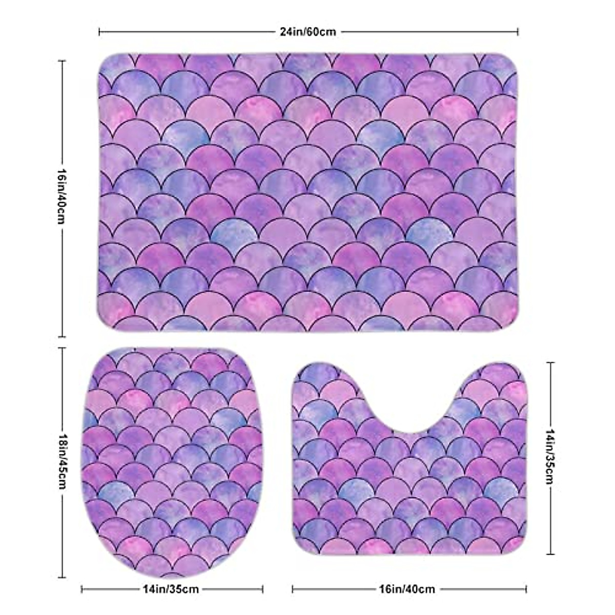 SEPTYK Mermaid Fish Scales Pattern Bathroom Rugs Sets 3 Piece Absorbent Soft Non-Slip Bath Mat U-Shaped Pad and Toilet Lid Cover Washable Bathroom Decoration 15.7"x23.6"