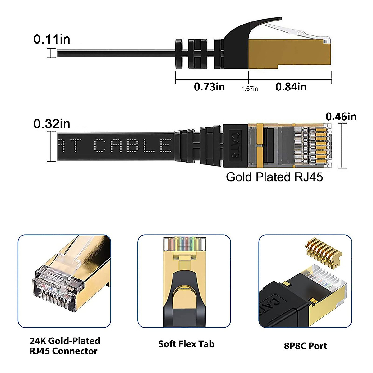 BUSOHE Cat 8 Ethernet Cable 30 FT, 40Gbps 2000MHz Cat8 High Speed Flat Internet Network Patch Cord, SFTP Shielded LAN Wire with Gold Plated RJ45 Connector, with Clips, Outdoor Indoor- 30FT Black