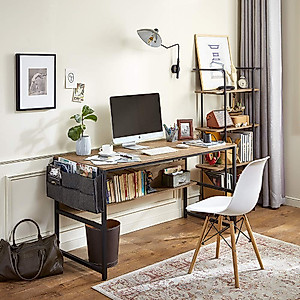 LINSY HOME Computer Desk with Shelves, 55 Inch Work Table for Home Office, Laptop Table with Storage Bag for 2 Monitor, Rustic Oak Finished