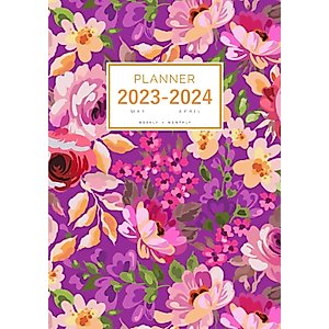 Planner 2023-2024: A4 Weekly and Monthly Organizer from May 2023 to April 2024 | Painted Colorful Flower Design Purple