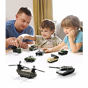 Small Army Toy Cars, Geyiie Die Cast Military Truck Vehicles Toys for Kids, Army Helicopter, Tanks, Mini Car Set as Easter Basket Stuffers Gifts for Boys Girls Age 3-8, East Party Favor