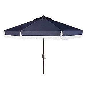 Safavieh PAT8008A Collection Milan Fringe Navy and White 9Ft Crank Outdoor Push Button Tilt Umbrella