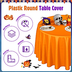 Preboun 12 Pcs Halloween Plastic Tablecloth Orange Black Round Waterproof Disposable Table Cover Round Table Cloths Circle Party Tablecovers for Dining Buffet Outdoor Camping Picnic, 83.86 Inch