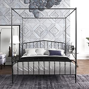 Tensun Detachable Queen Anti-Noise Platform Metal Canopy Bed with Headboard,Black