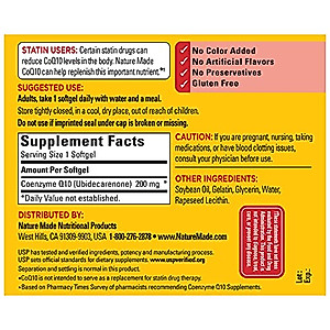 Nature Made CoQ10 200 mg, Dietary Supplement for Heart Health Support, 80 Softgels, 80 Day Supply