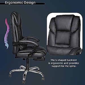 Mimager High Back Executive Office Chair, Reclining Office Chair with Footrest, PU Leather Home Office Desk Chair Adjustable Height, Computer Desk Chair with Lumbar Cushion, Padded Armrests, Black