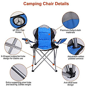 TeqHome Oversized Folding Camping Chair, Heavy Duty High Back Padded Arm Chair Support 330 LBS with Cup Holder, Outdoor Portable Lawn Chair Collapsible Quad Lumbar Back Chair for Sports Fishing Yard