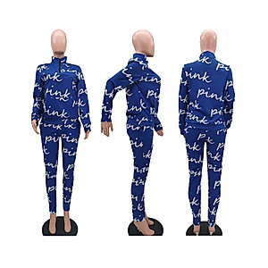 JYAOVO Women's Letter Print 2 Piece Outfits Zipper Collar High Neck Long Sleeve Sweatshirt and Long Pants Set Tracksuit