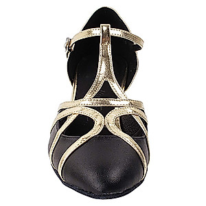 Very Fine Dance Shoes - Ladies Practice, Cuban Low Heel, Waltz Ballroom Dance Shoes - SERA3541-1.2-inch Heel and Foldable Brush Bundle - Black Leather - Light Gold Trim - 10