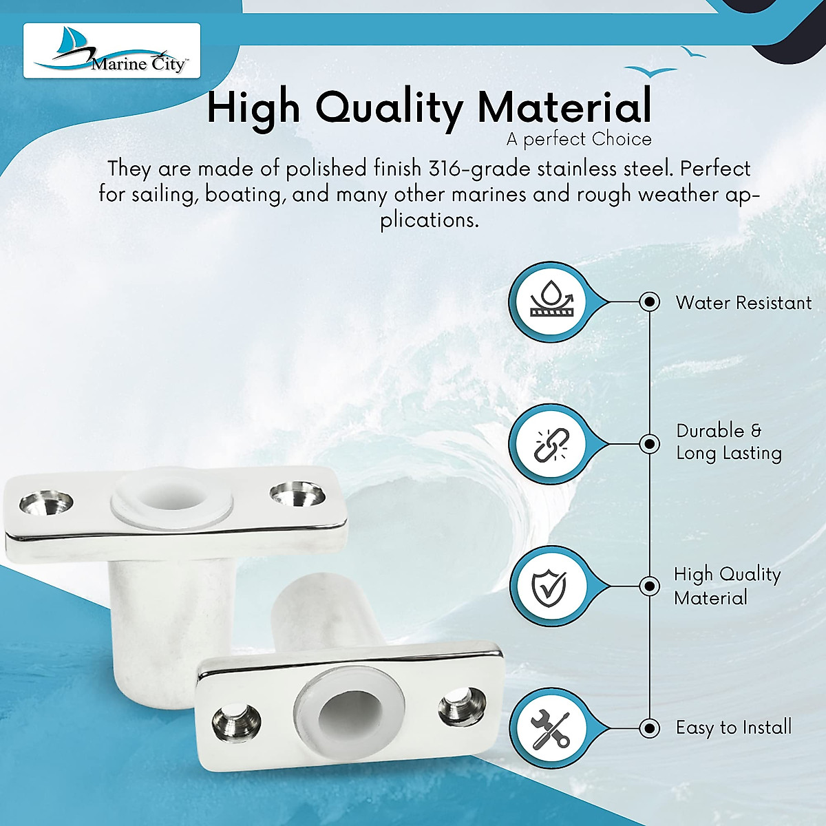 MARINE CITY 316 Grade Polished Stainless Steel 1/2 Inches Shank Top Mount Rowlock/Oarlock Socket for Boats – Yachts – Ships (Pack of 2)