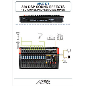 Audio2000'S AMX7374 12-Channel Audio Mixer with 320 DSP Sound Effects, Stereo Sub Out with Sub-Out Level-Control Fader, Level-Control Faders on All Channels, and USB/Computer Interface