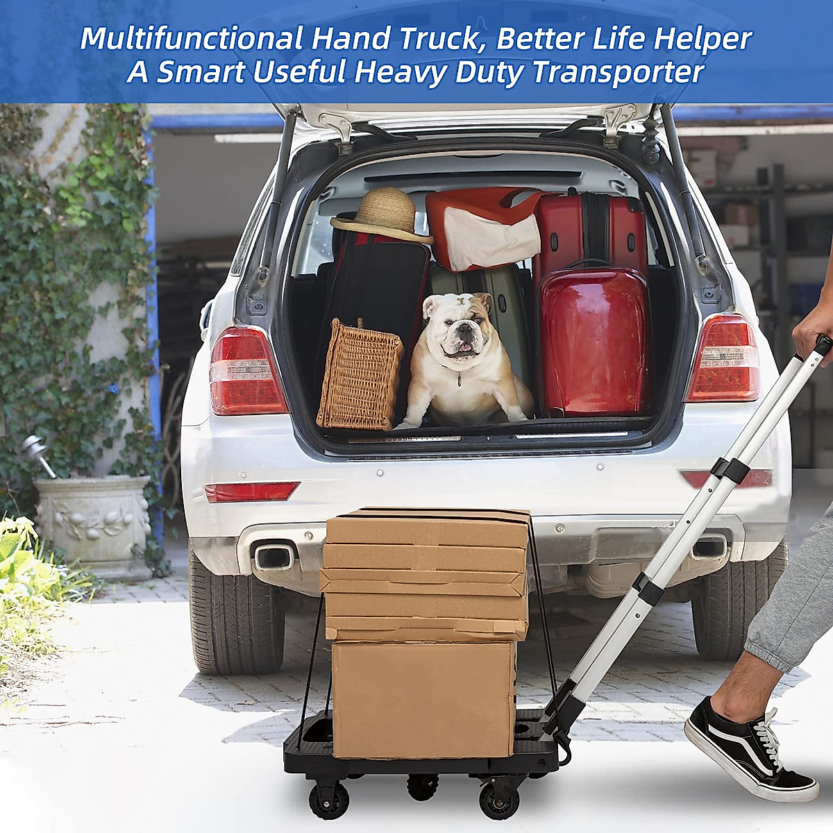 YooMoo Folding Hand Truck 5-Wheel Folding Trolley,Fold Up Luggage Utility Dolly,Heavy Duty Trolley Cart,Stretchable Platform Cart for Home Office Car Travel Luggage Moving