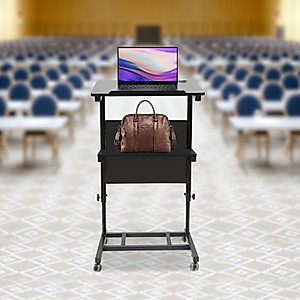 Mobile Stand Up Lectern Podium with Wheels, Portable Heavy Duty Height Adjustable Desk, Ergonomic Ambidextrous Steel Frame for Church Pulpit, Classroom Lecture Speech (Black)