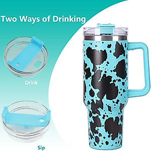 MKent 40oz COWPRINT Insulated Tumbler Trendy Stainless Steel Large Tumbler With Handle & Straw Lid,Travel, Leak Proof Tumblers Cup,Keeps Drinks Cold/Hot for 6Hrs (Lake Green Cow Print)