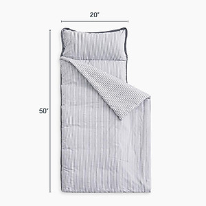 Wake In Cloud - Nap Mat with Removable Pillow for Kids Toddler Boys Girls Daycare Preschool Kindergarten Sleeping Bag, Gray Grey Stripes Printed on White, 100% Cotton with Microfiber Fill