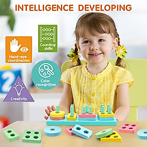 LinseyFun Wooden Stacking Sorting Toys for Toddlers 1-3, Wood Baby Stacking Blocks, Montessori Toys for 1 2 Year Old Boys Girls