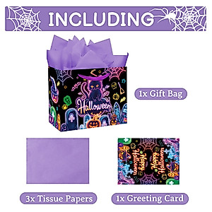 duludulu Purple 13" Large Halloween Bags Cat Pumpkins Halloween Bag with Card and Purple Tissue Paper for Kids Adults Halloween Party Birthday Bag Supplies