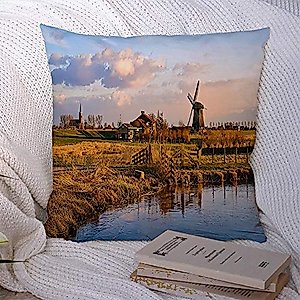 Throw Pillow Covers Case Windmill Farm River Landscape Sky Canal Architecture Nature Holland Parks Field Village Outdoor Decorative Polyester Cushion Pillow Covers for Couch Bedroom 18x18 Inch