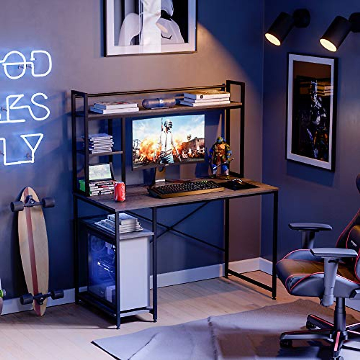 Nost & Host Computer Desk with Hutch & Bookshelf | Home Office Desks with 2-Tier Adjustable Shelves | Sturdy Desk for Writing and Gaming | Easyt o Assemble 47.2 inches Gray