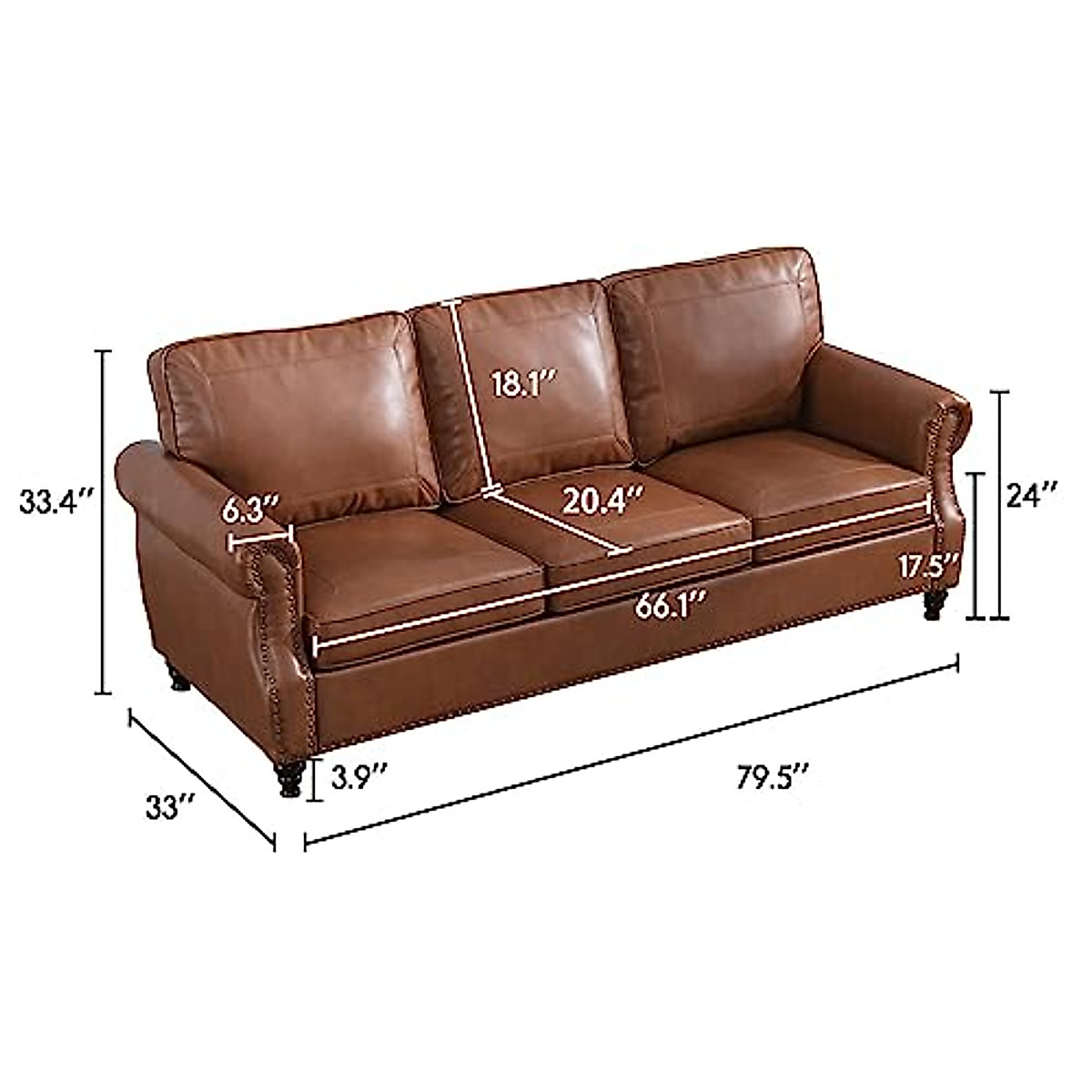 Dreamsir 79'' Traditional Faux Leather Sofa Couch with Nailhead Trim, Classic Rolled Arm Sofa with 3-Seater for Living Room, Bedroom, Apartment, Easy Assembly (Brown)