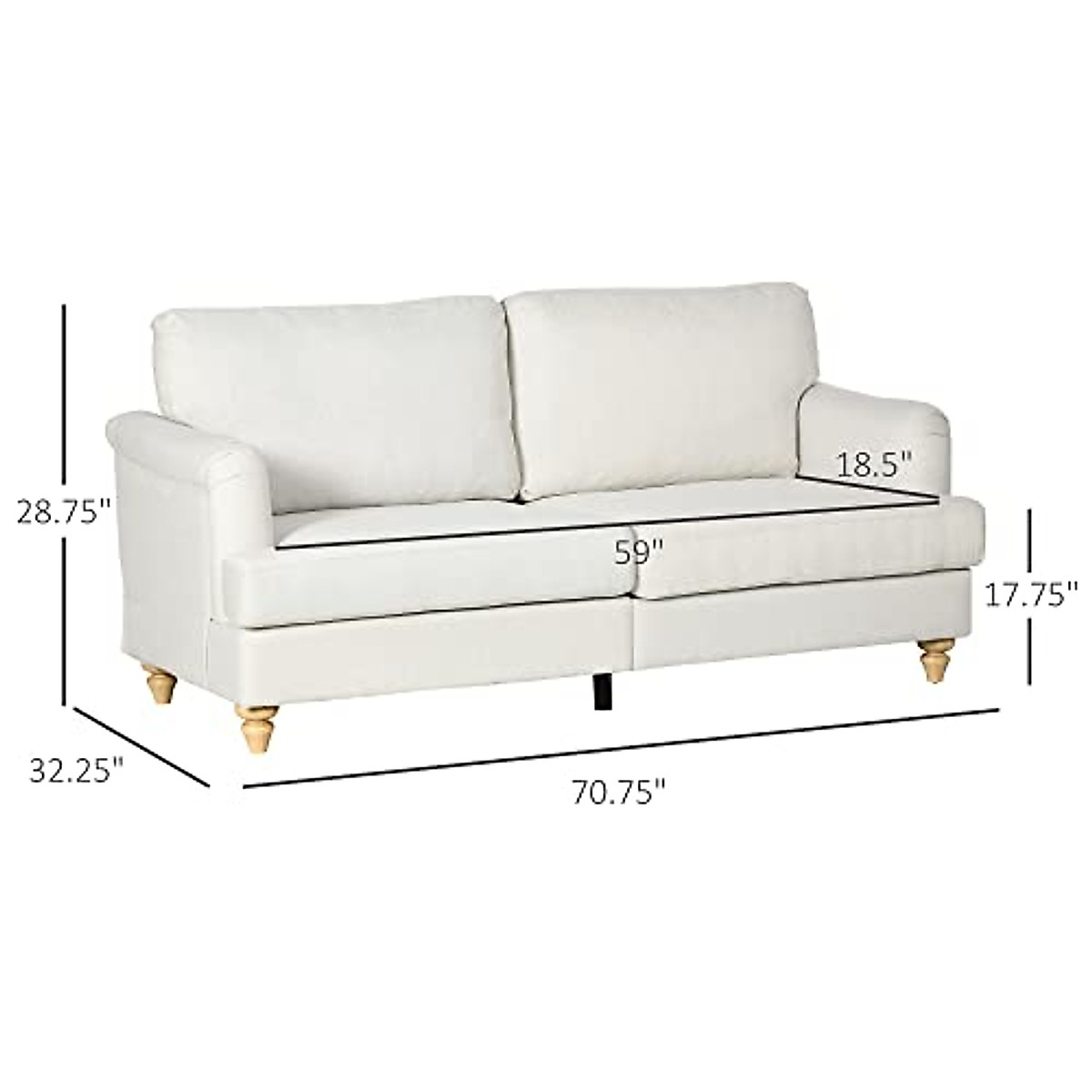 HOMCOM 3-Seater Sofa Couch, 71" Modern Linen Fabric Sofa with Rubber Wood Legs and Slatted Frame for Living Room, Bedroom and Apartment, Cream White