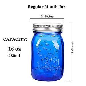Amzcku 16 oz Blue Mason Jars with Lids，Regular Mouth Canning Jar, 6 Pack Multifunction Glass Container, for Storage, Canning, Pickling, Preserving, Fermenting, DIY Crafts & Decor…