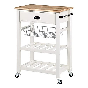 OS Home and Office Furniture Model HMPNW-11 Hampton Kitchen Cart in White with Solid Rubberwood Top