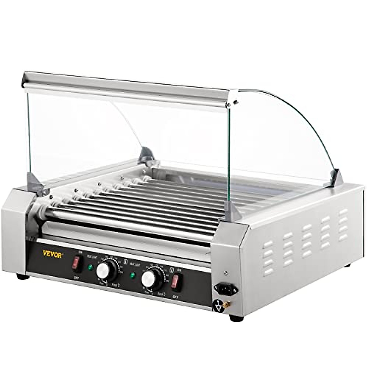 VEVOR Hot Dog Roller, 30 Hot Dog Capacity 11 Rollers, 1800W Stainless Steel Cook Warmer Machine w/Cover & Dual Temp Control, LED Light & Detachable Drip Tray, Sausage Grill Cooker for Kitchen Canteen
