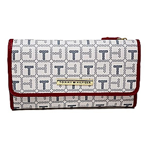 Tommy Hilfiger Women White Gray Red Coated Canvas Logo Checkbook Wallet Clutch Bag