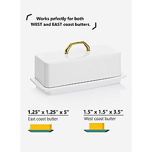 Sweese 327.101 Butter Dish with Lid for Countertop - Butter Dish with Gold Handle, Butter Dishes with Covers for 4oz East West Coast Butter - Dishwasher Safe, White