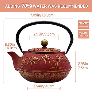 SECHUDO Cast Iron Teapot Tea Kettle with Stainless Steel Infuser for Stovetop Safe Coated with Enameled Interior Japanese Red Tetsubin with Maple Leaves Pattern(30.4oz/900ml)