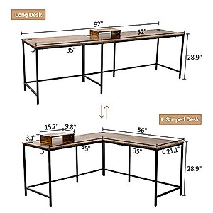 KOTPOP L Shaped Desk, 92” Home Office Computer Desk, Gaming Desk Reversible Corner Gaming Computer Desk with Monitor Stand, Sturdy Writing Workstation Table 3 Cable Holes, Rustic Brown